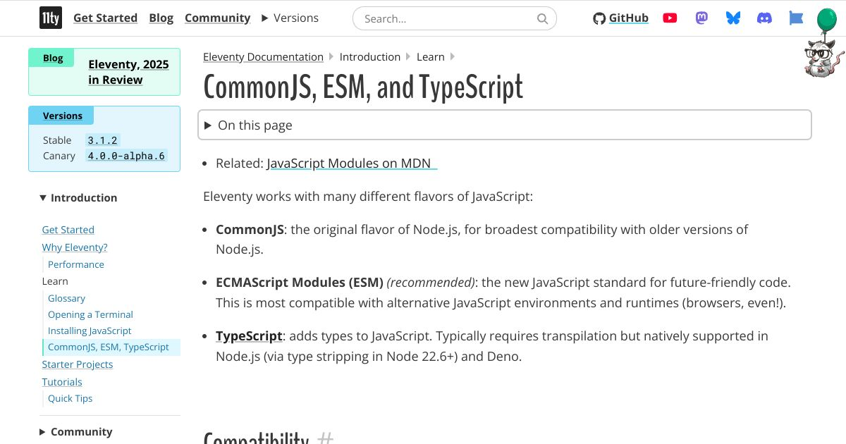 CommonJS, ESM, TypeScript — Eleventy